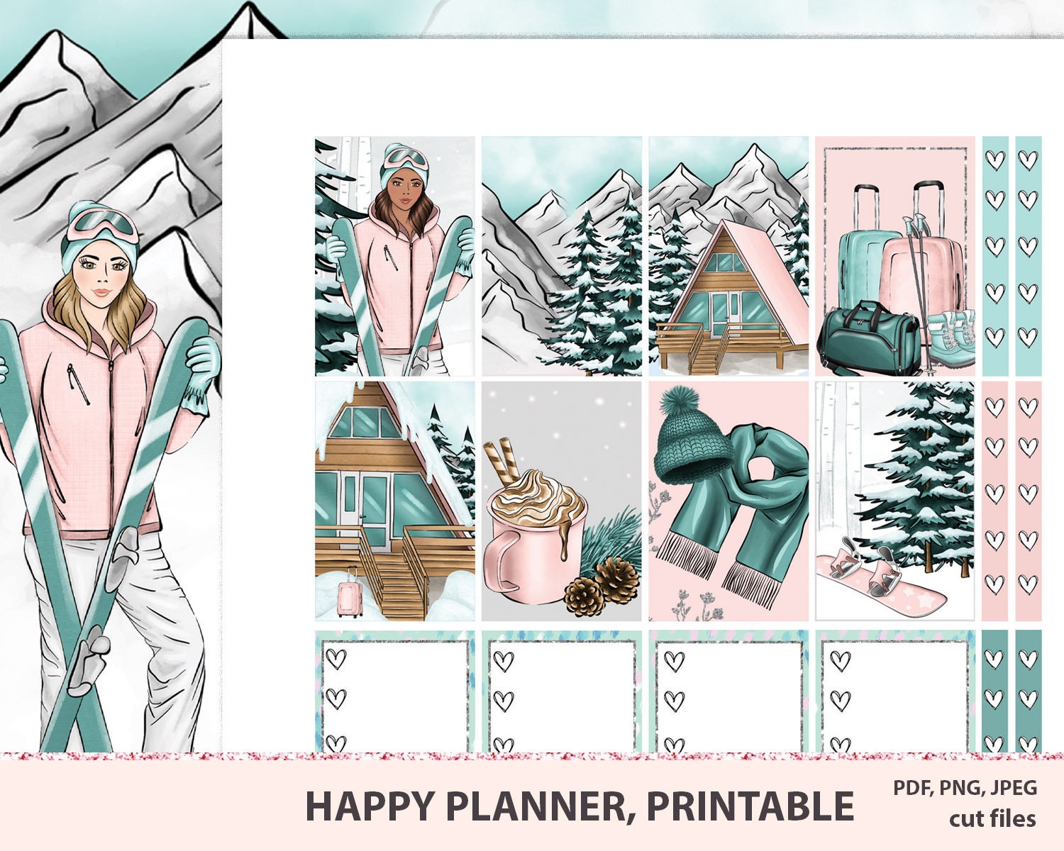 Winter Printable Stickers Happy Planner Kit Skiing Notebook - Etsy