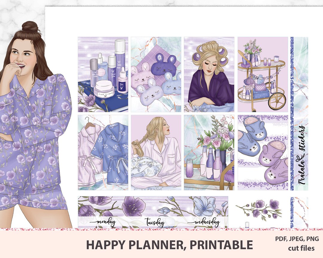 Sleepover Printable Sticker Kit, Slumber Party Weekly Set, Purple ...