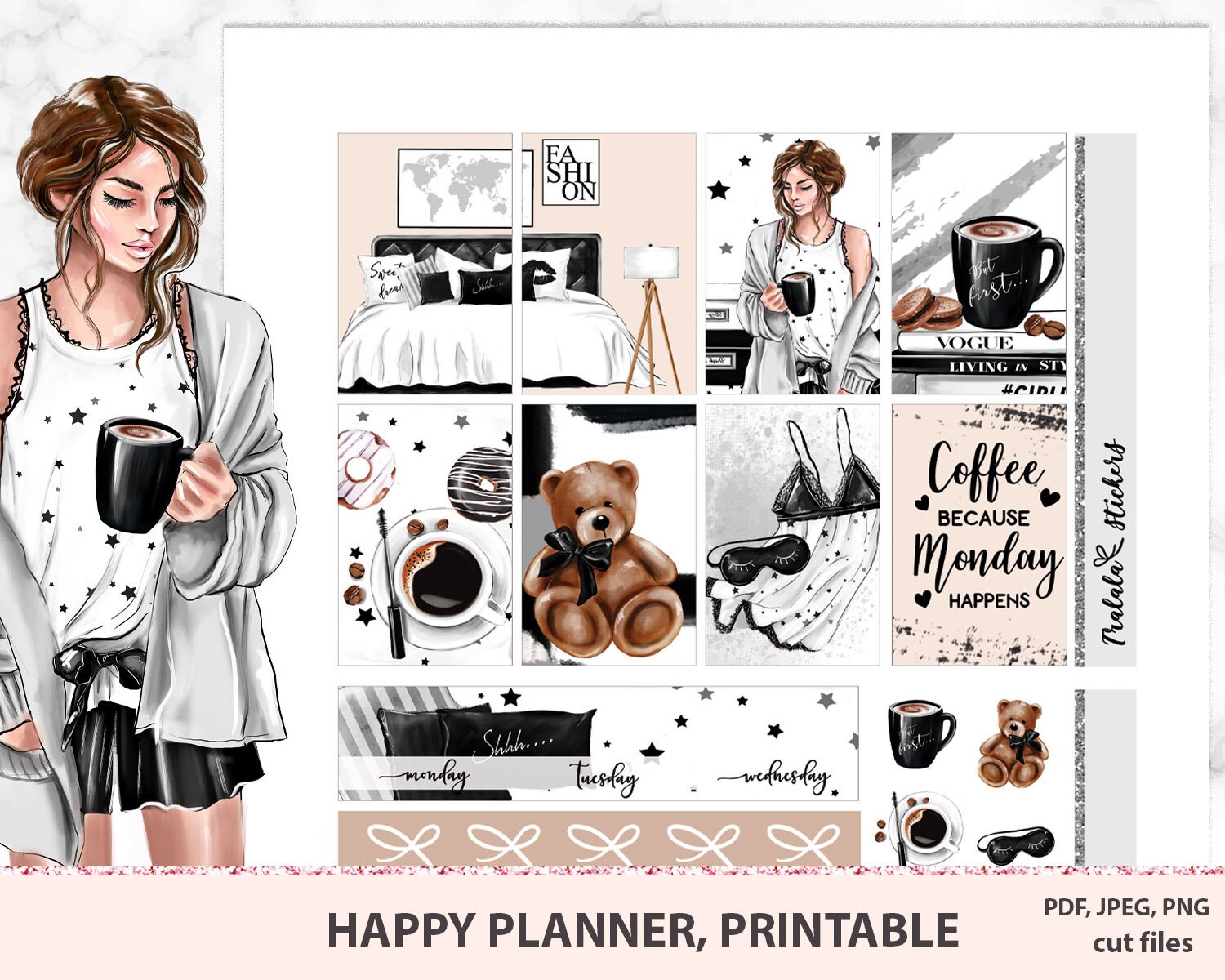 Happy Planner Printable Stickers Monday Coffee Weekly Kit | Etsy