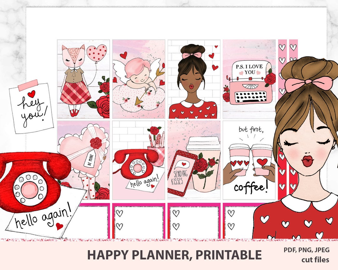 VALENTINES DAY PRINTABLE Planner Stickers, Happy Planner Watercolor ...