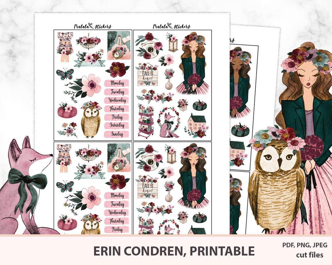 Hello Fall Planner Stickers Printable With Brunette and Dark Skin Girl ...