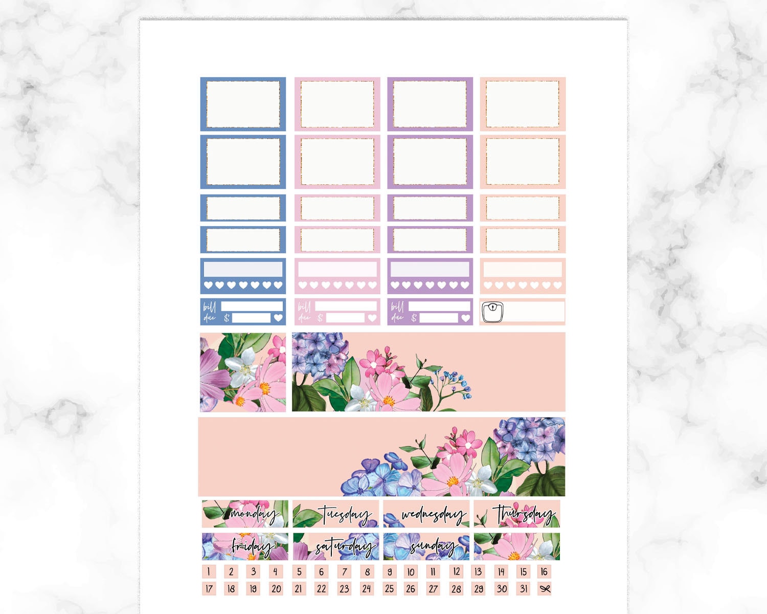 Printable Planner Stickers, Blue Purple Hydrangea Flowers, Coffee Kit ...