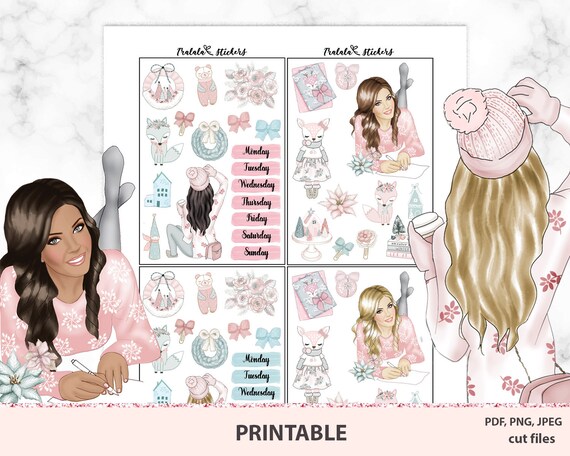 Pink Winter Printable Planner Stickers for Christmas Bullet | Etsy
