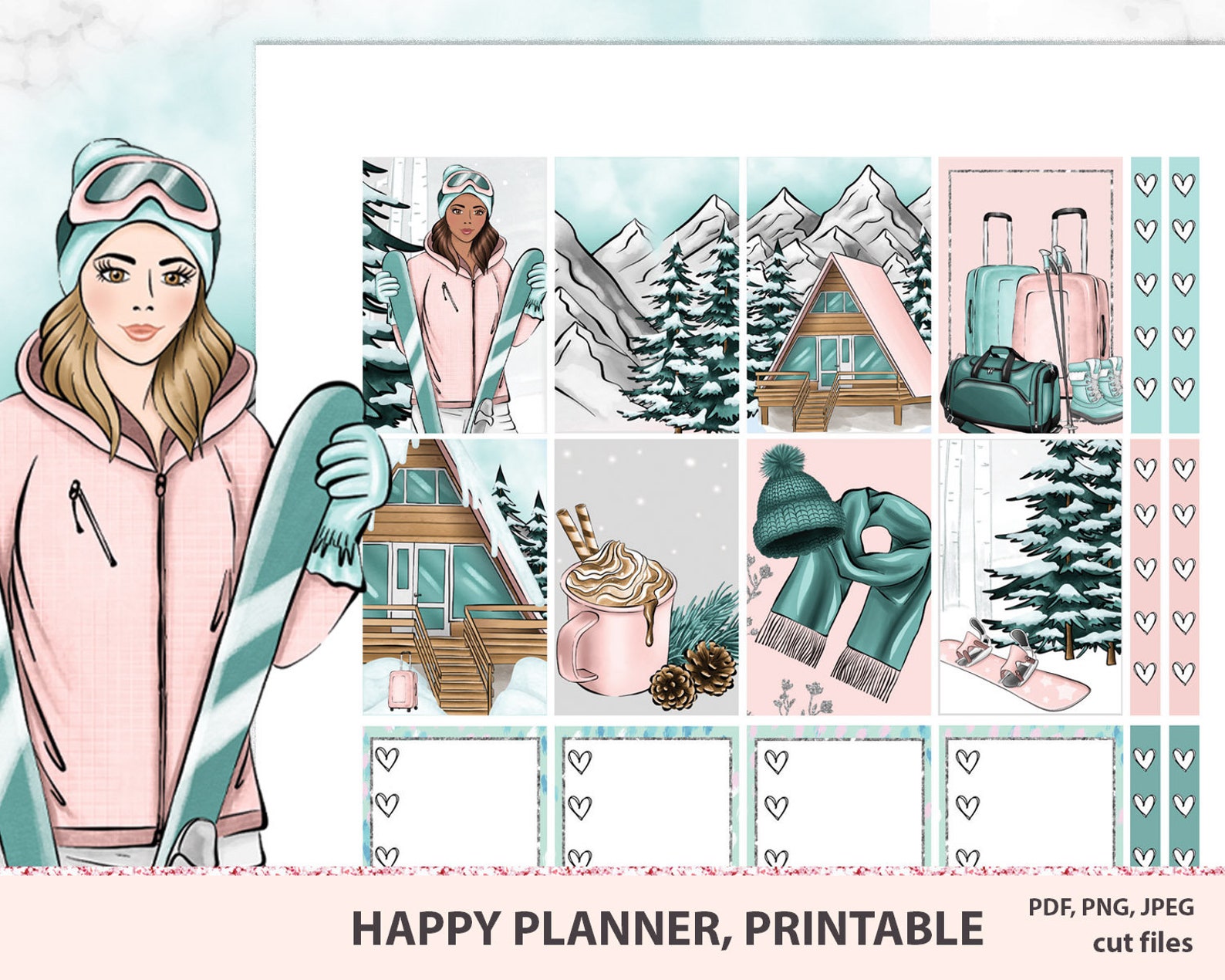 Winter Printable Stickers Happy Planner Kit Skiing Notebook - Etsy