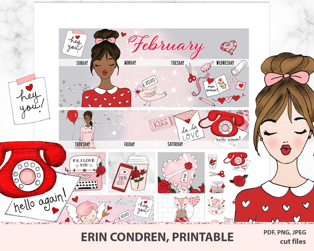 PRINTABLE FEBRUARY MONTHLY Kit Erin Condren, Valentines Day Planner ...