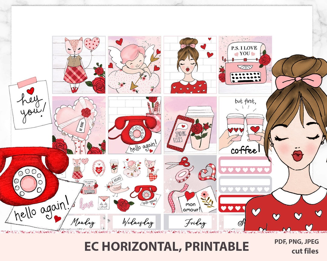 Valentines Day Horizontal Stickers, ECLP Printable Planner Stickers ...