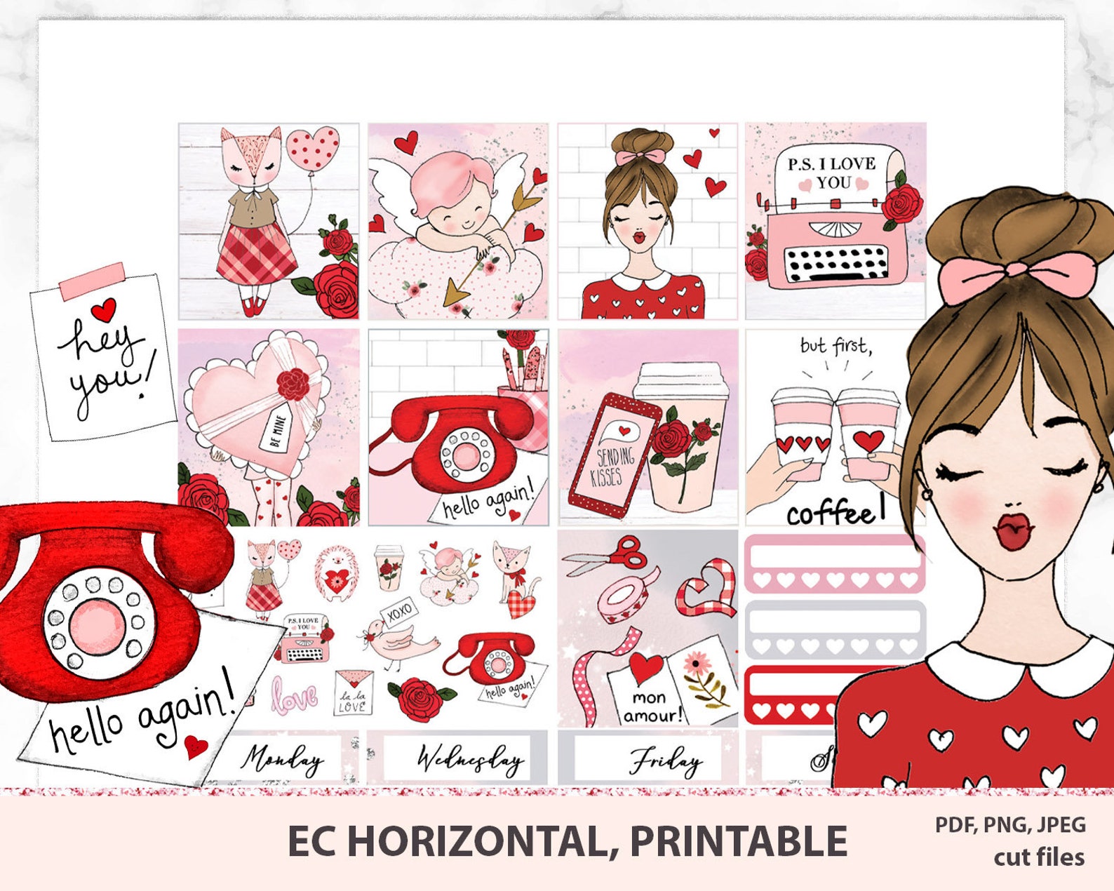 Valentines Day Horizontal Stickers ECLP Printable Planner - Etsy