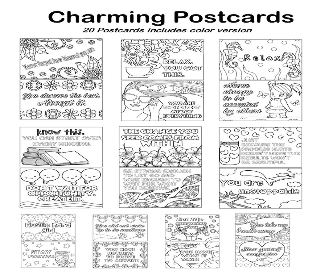 20 Charming Postcards, Coloring for Adults, 20 Printable Postcards ...