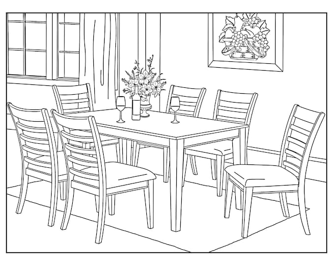 Dining Room around the House Coloring Pages for Adults 1 - Etsy