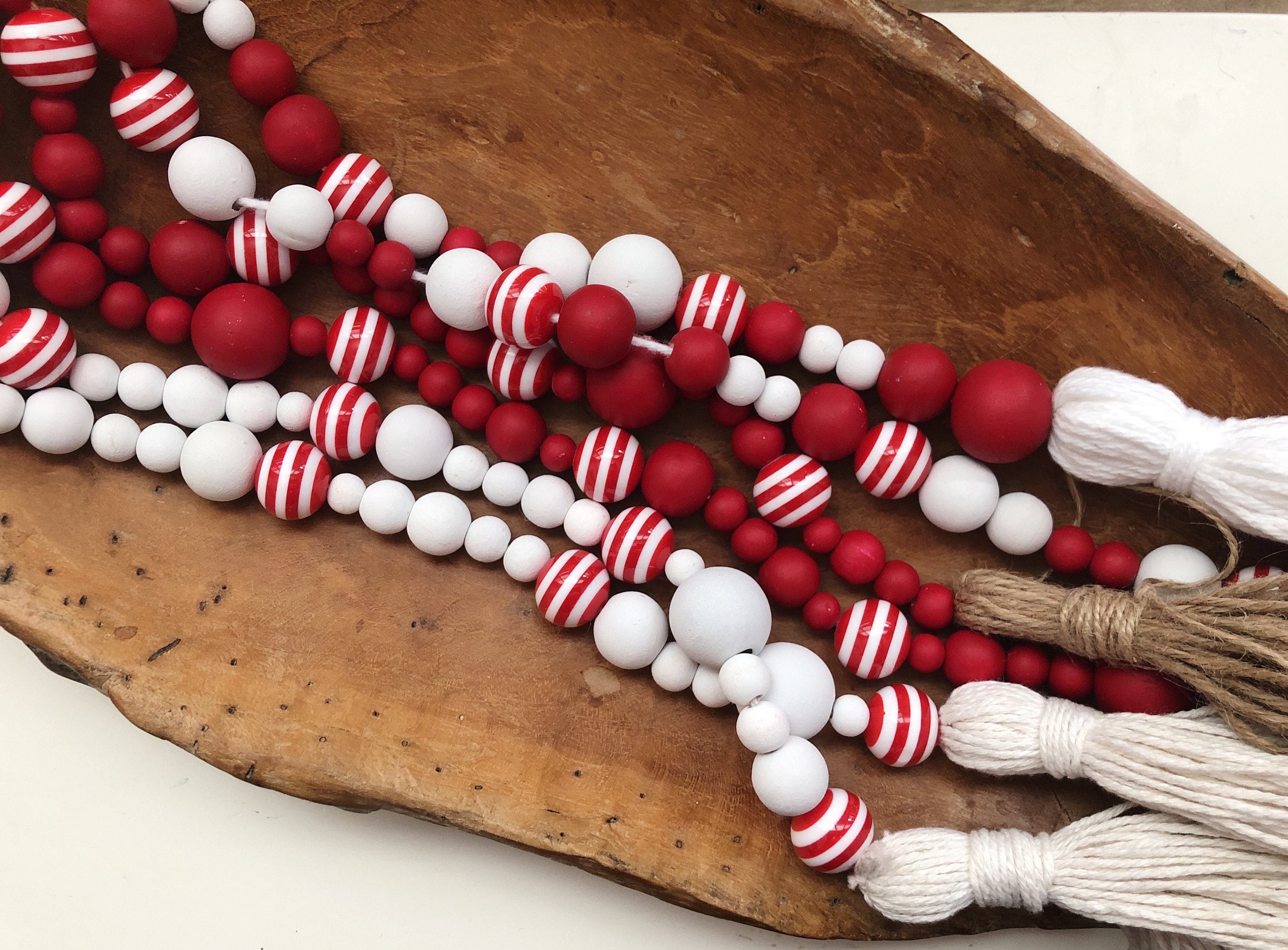 Red and White Stripe Wooden Bead Garland With Tassel Tiered - Etsy