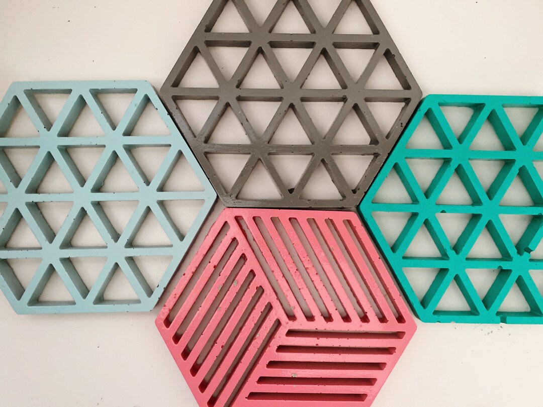 Geometric Hand Painted Cement Coasters | Stone Hexagon Coaster Set ...