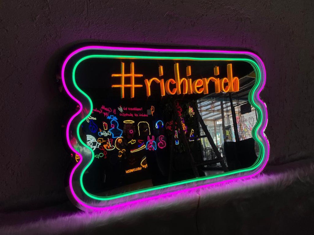 Custom Wavy Neon Mirror Neon Sign, Mirror Neon Sign Bedroom, Wavy ...