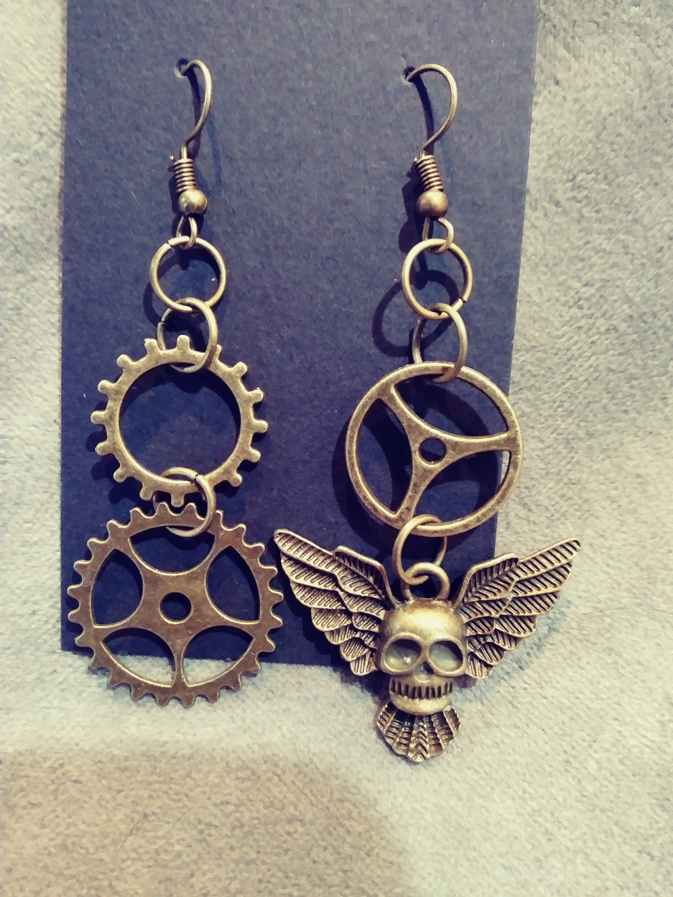 Mismatched Bronze Gears and Tattoo Style Winged Skull Hypoallergenic ...