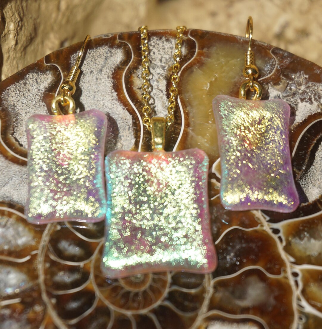 Dichroic Glass Pendant and Earrings Set: Iridescent Color Changing ...