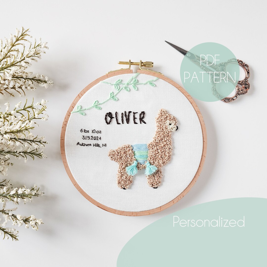 Baby Llama Hand Embroidery Pattern Birth Announcement Embroidery ...