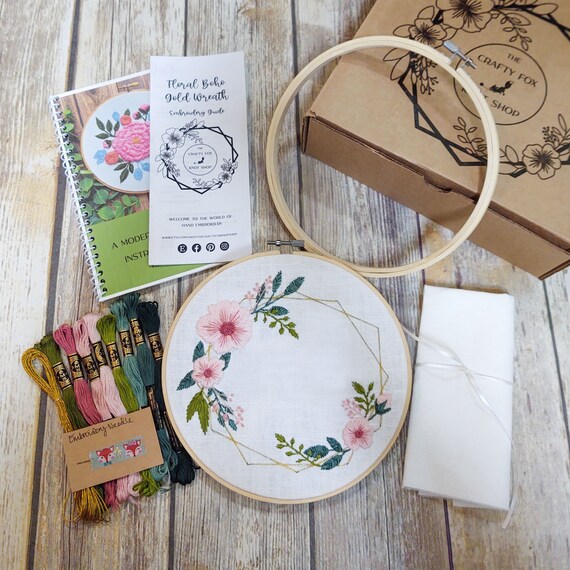 Embroidery Kit Modern DIY Kit Floral Boho Gold Wreath Hand | Etsy