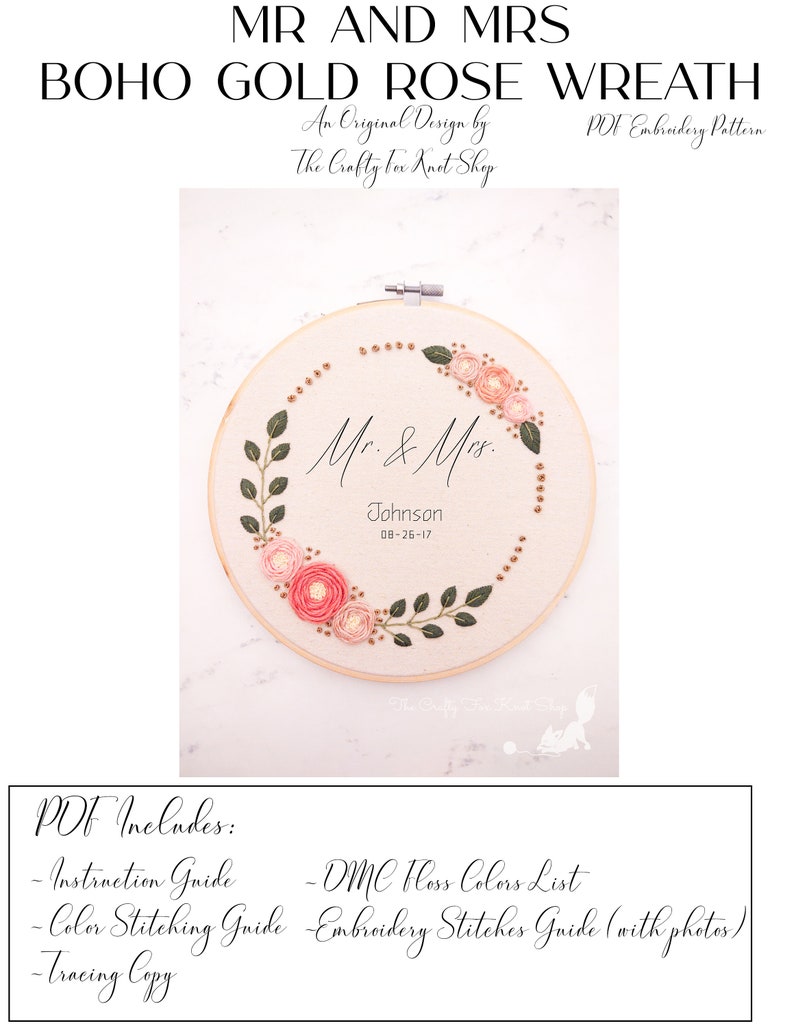 Mr and Mrs Boho Gold Rose Wreath Hand Embroidery Pattern - Etsy