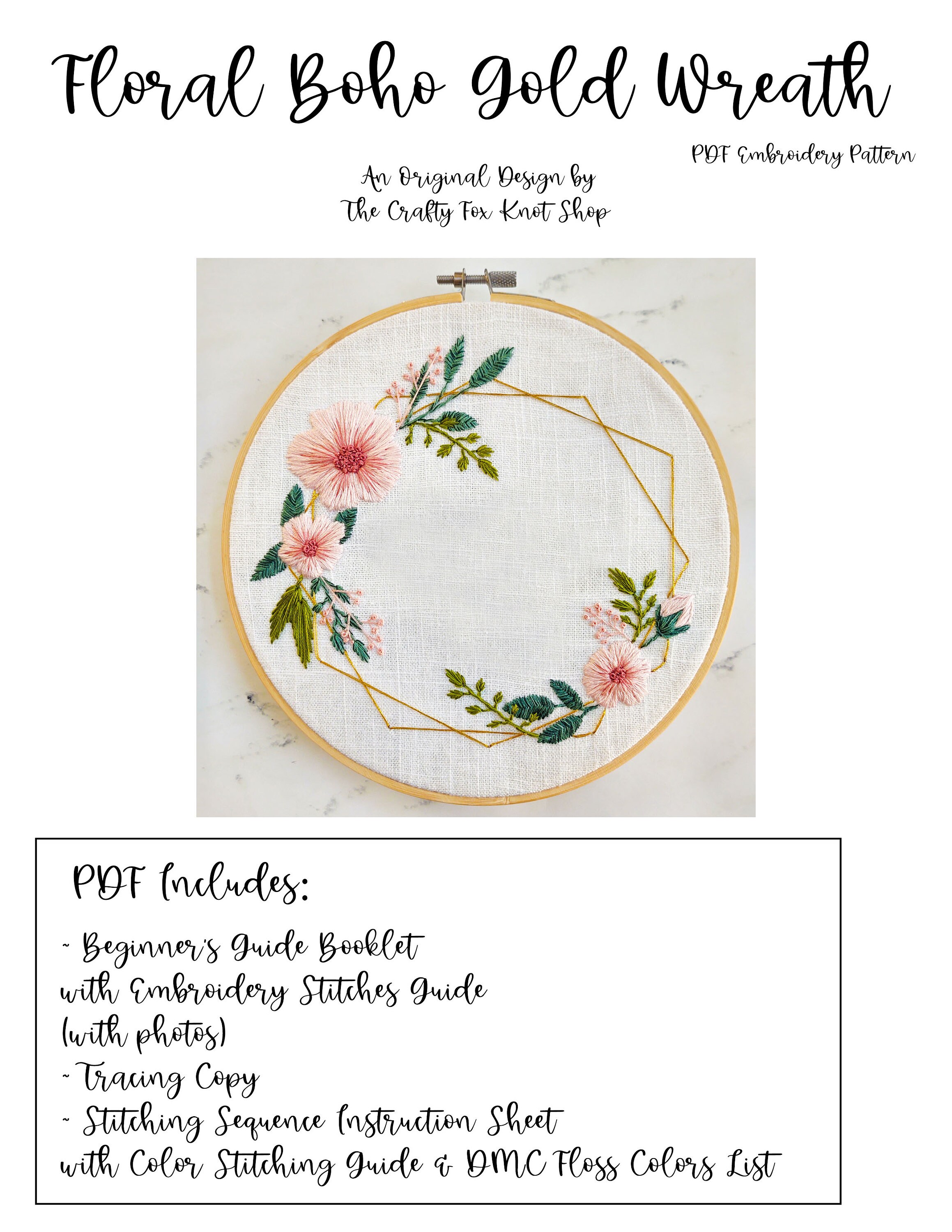 Floral Boho Gold Wreath Hand Embroidery Pattern - Etsy