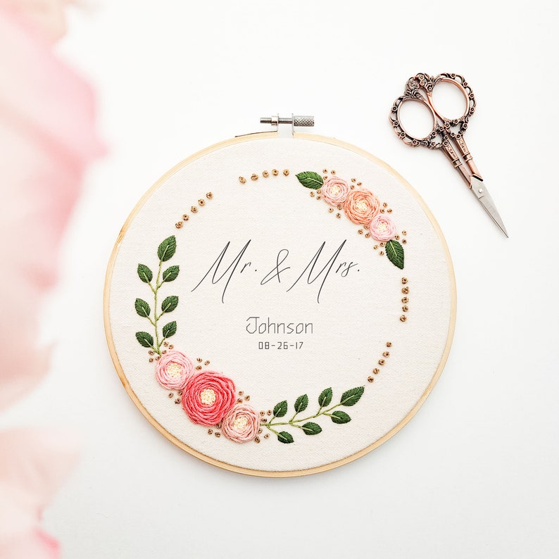 Mr and Mrs Boho Gold Rose Wreath Hand Embroidery Pattern | Beginner ...