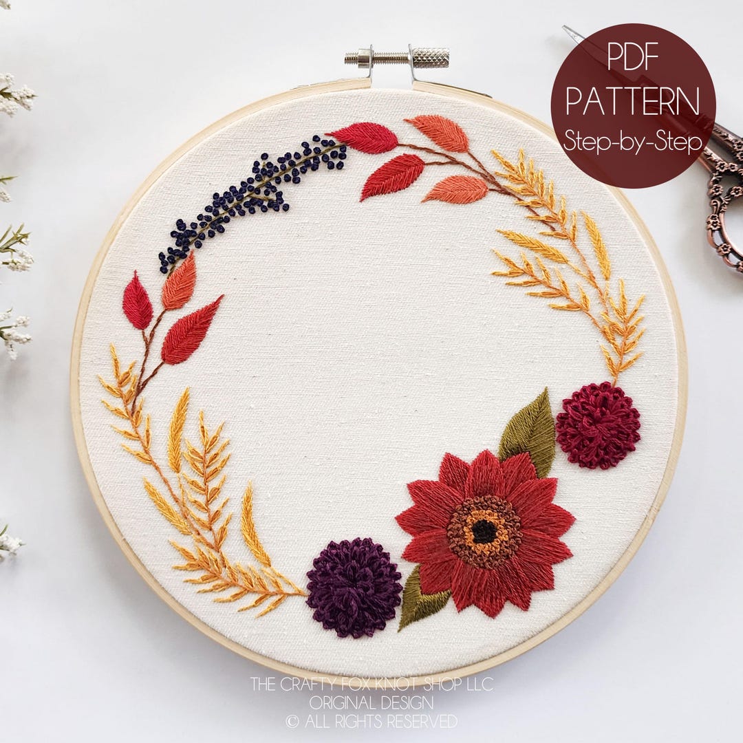 Autumn Wreath Hand Embroidery Pattern | Sunflower Mum Beginner ...