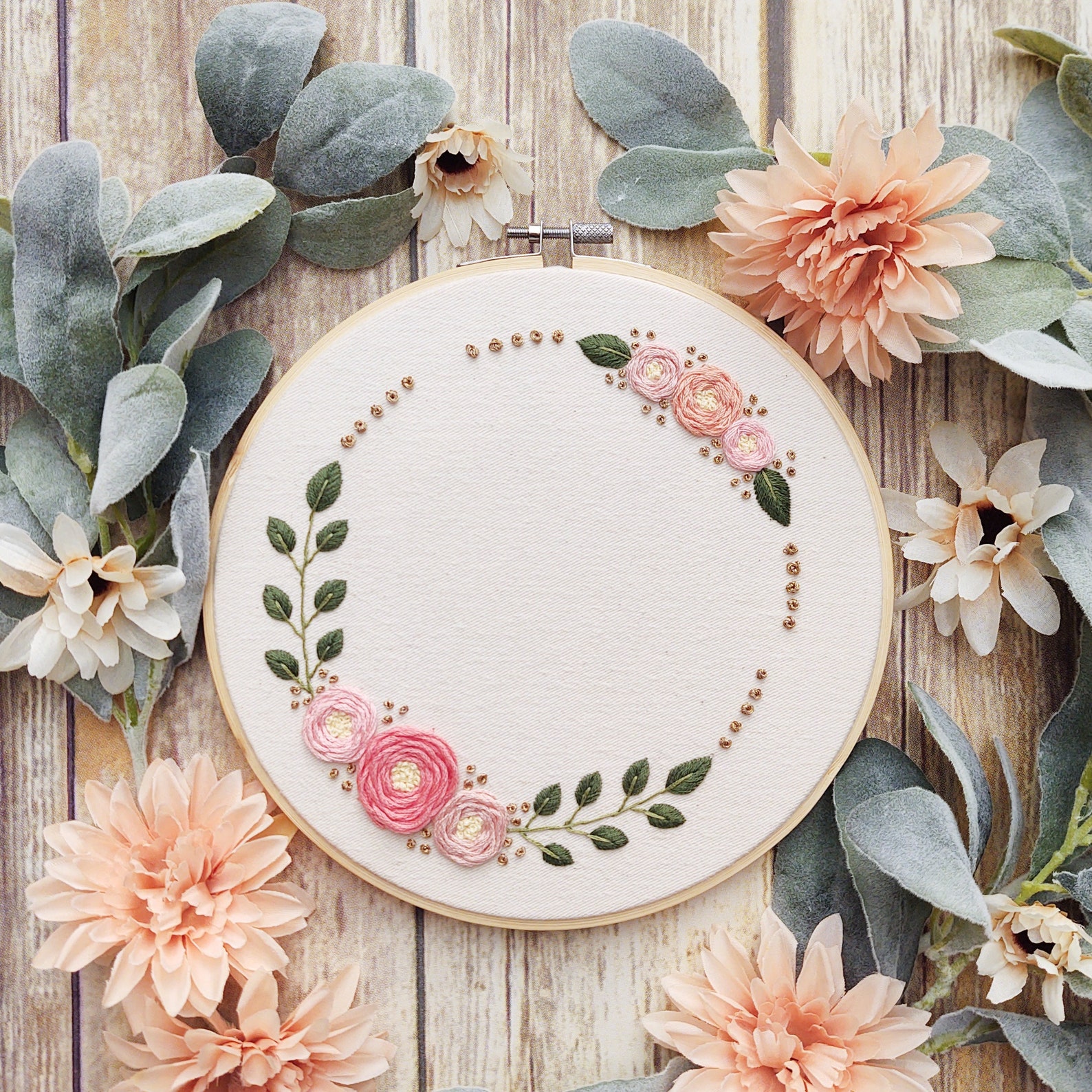 Embroidery Kit | Modern DIY Kit | Boho Gold Rose Wreath Hand Embroidery ...