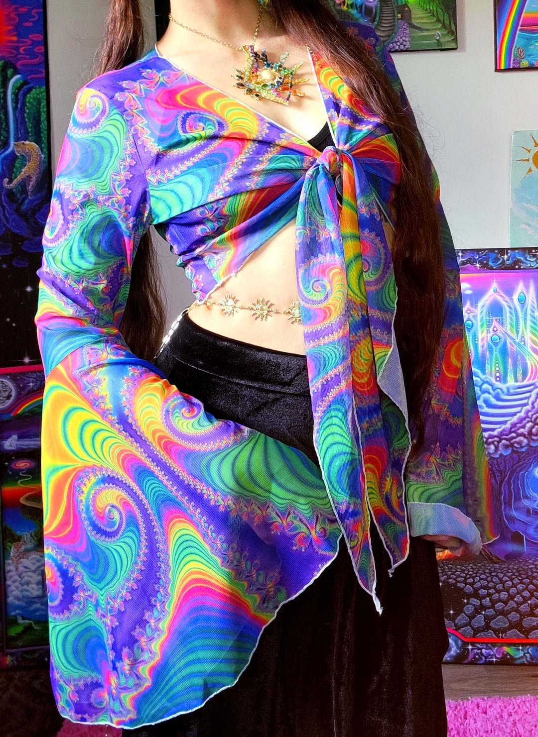 Trippy Rainbow Bell Sleeve Crop Top Mesh Top, Festival and Rave Wear ...