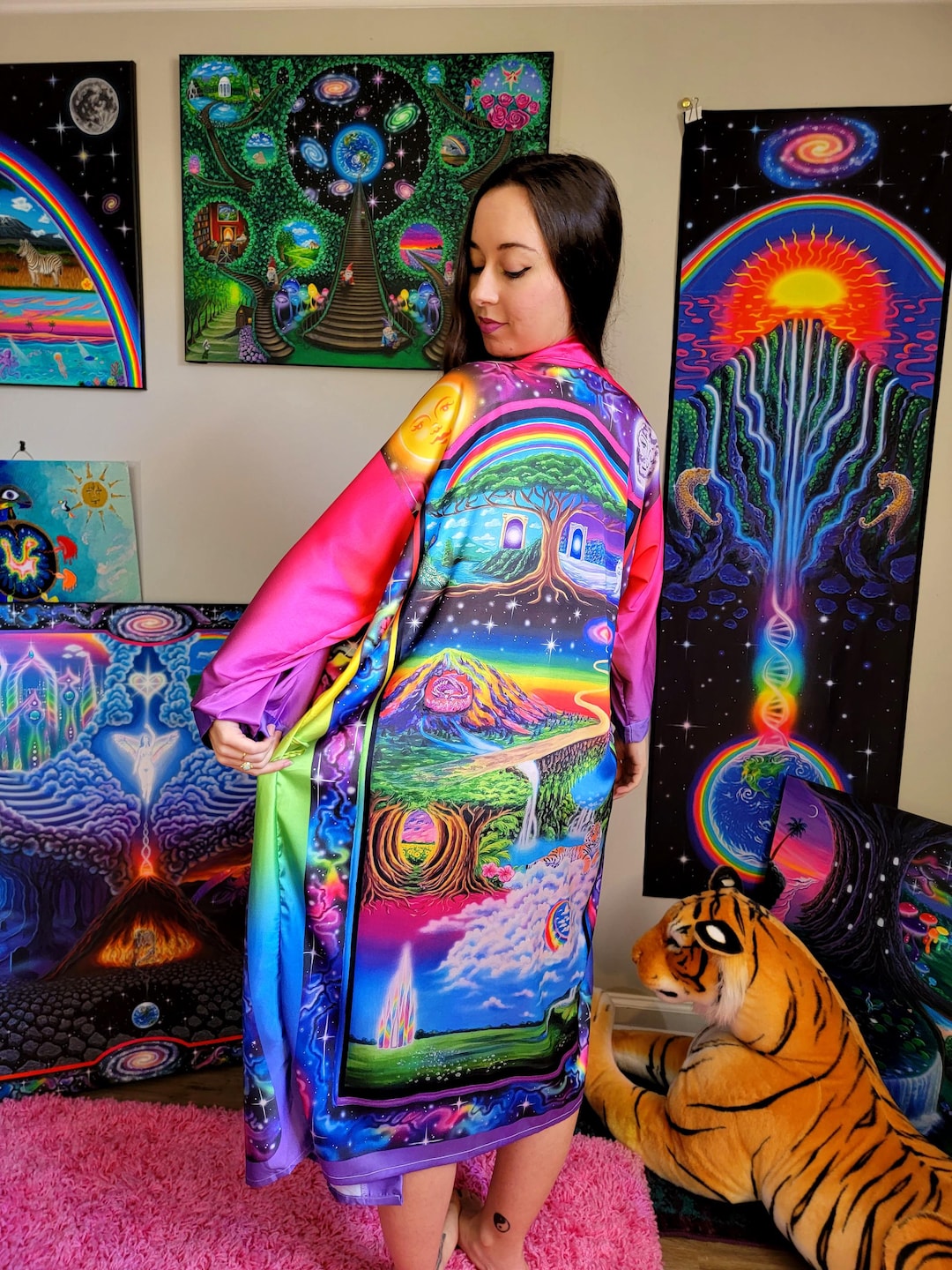 Satin Kimono Robe- Rainbow Trippy Psychedelic Cover Up, Lisa Frank ...