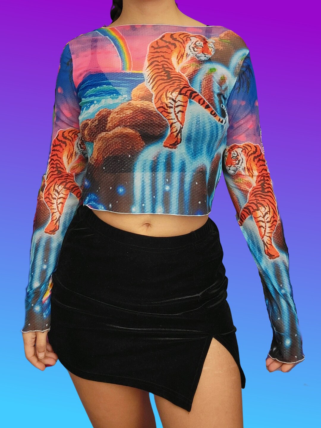 Tiger Mesh Crop Top- Trippy Waterfall Tiger See Through Top ...