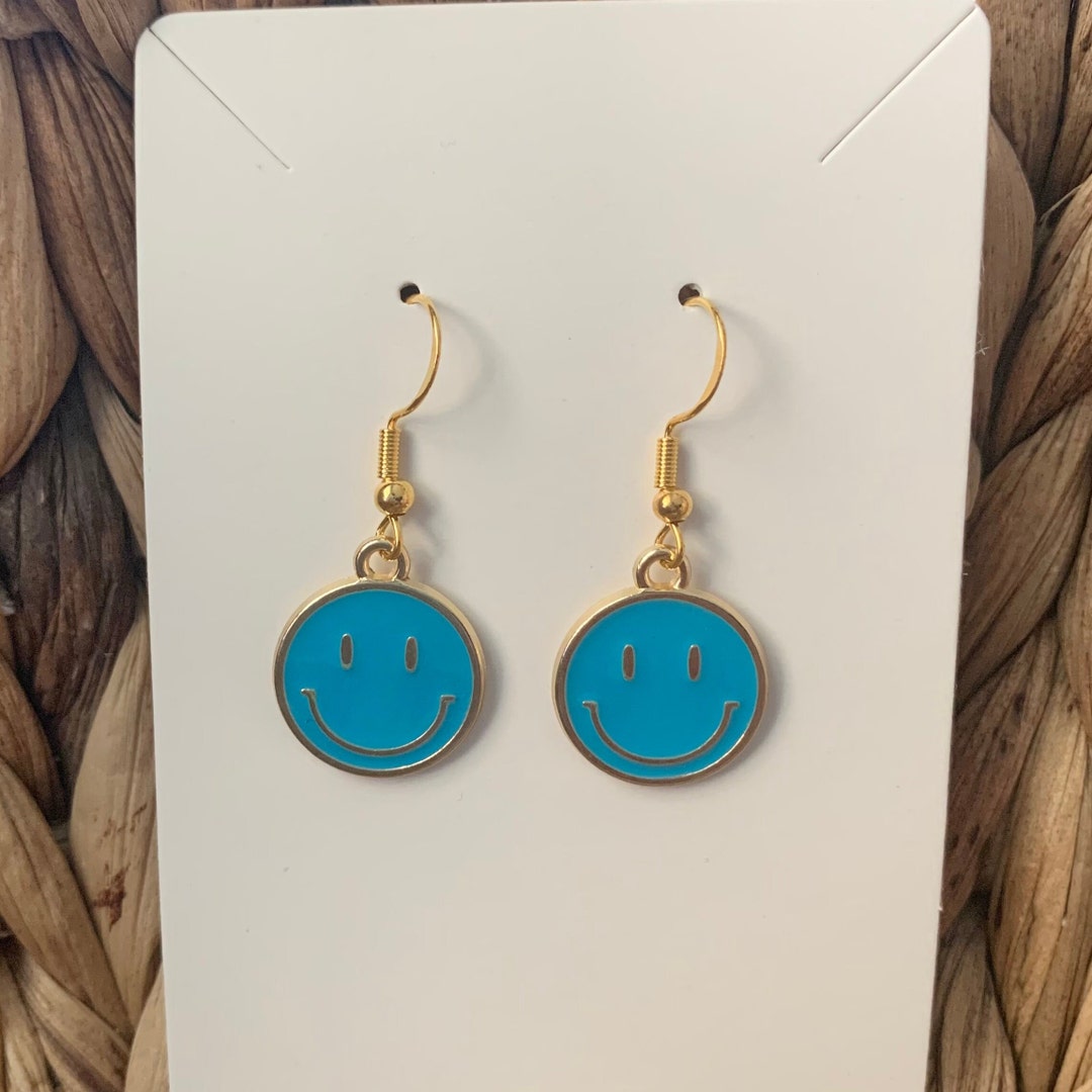 Blue Smiley Face Earrings / Retro Smile Jewelry/ Blue Smile Earrings ...