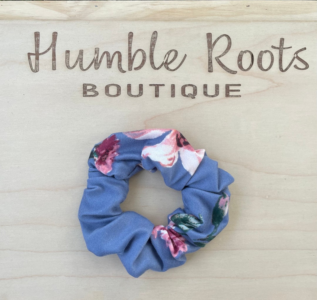 Rose, Yellow & White Floral on Dusty Blue Hair Scrunchie / Soft Non ...