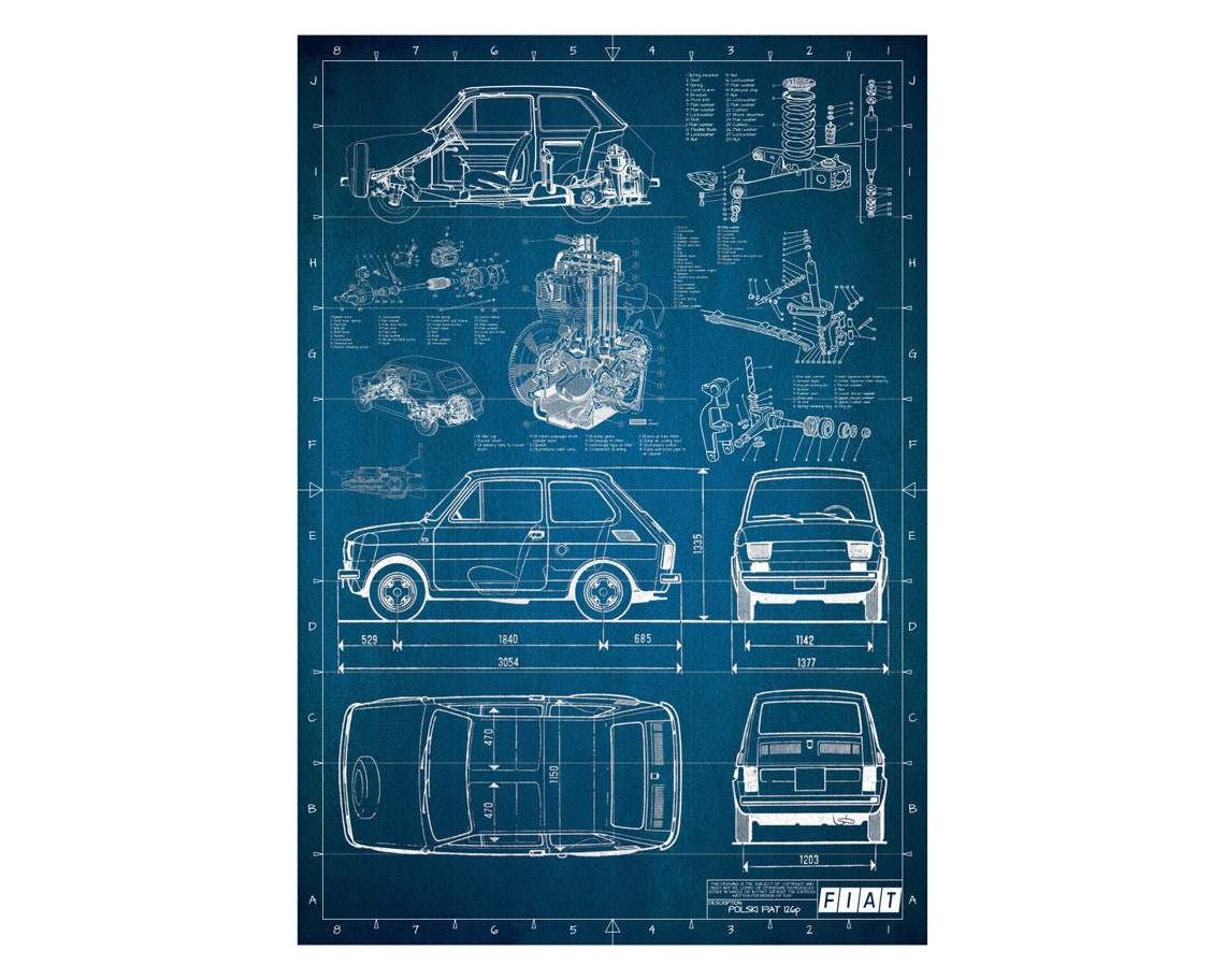 Polski Fiat 126p Blueprint Poster Portrait| High Quality Digital File ...