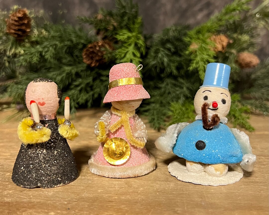 Vintage Putz Angel, Snowman and Musical Elf Ornaments, Vintage Putz ...