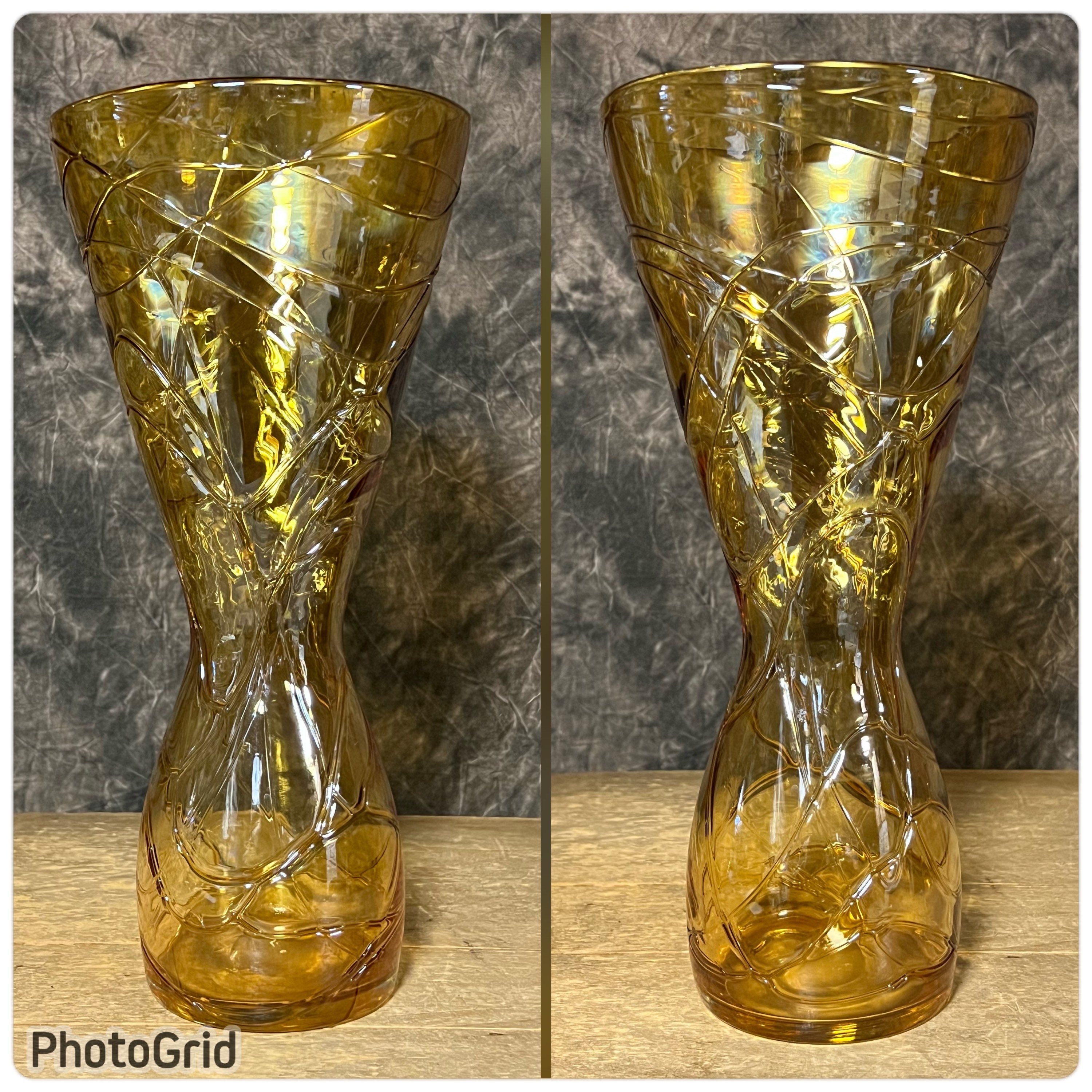 Vintage Amber Art Glass Vase Spaghetti Glass Vase Large Hour - Etsy