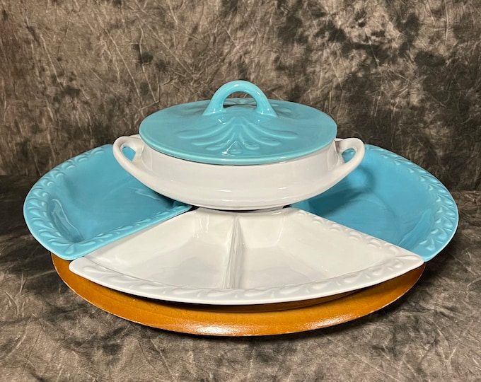 1950s Lazy Susan, California USA Pottery, #247 Rare Turquoise and White ...