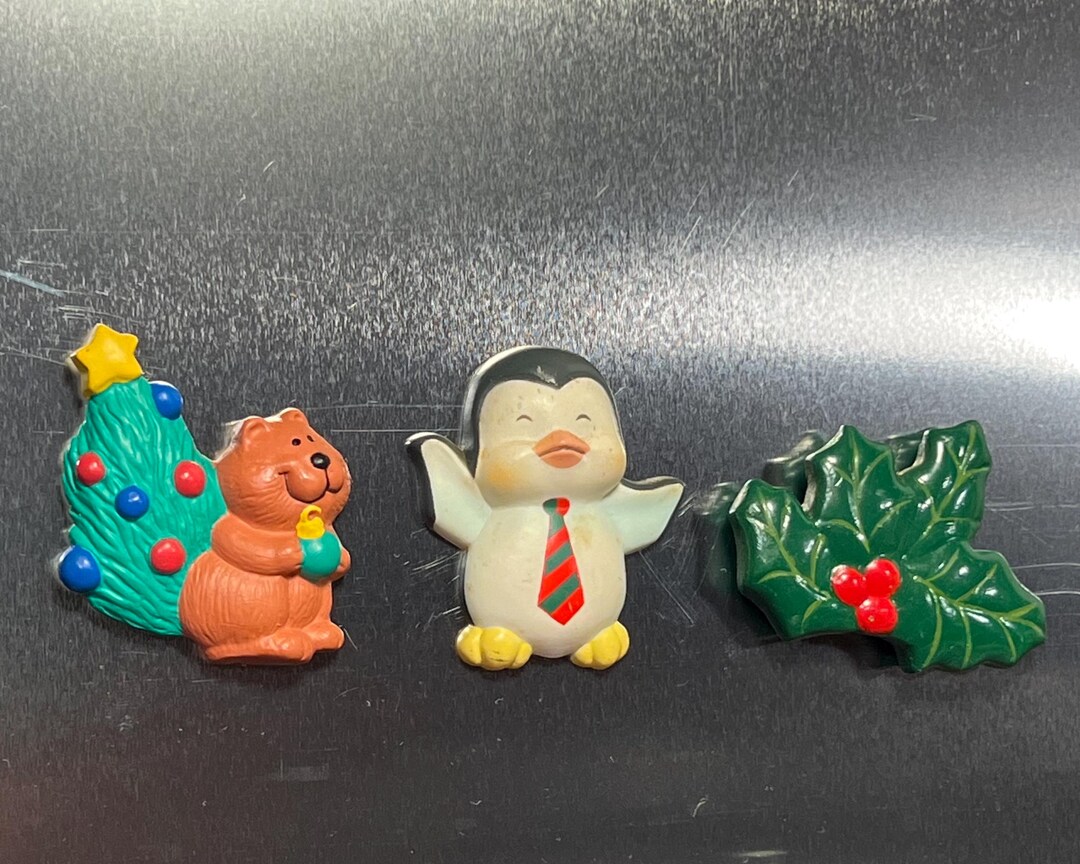 Vintage Christmas Magnets, Penguin Magnet, Squirrel Bear Magnet, Holly ...