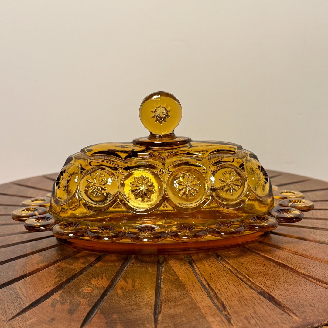 Rare HTF LE Smith Amber Glass Moon and Stars Oblong Butter Dish, Amber ...