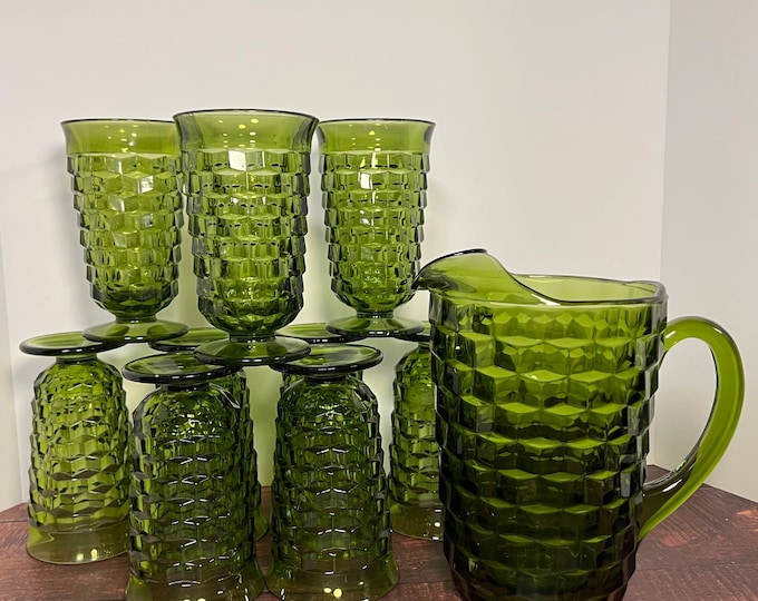 Vintage Whitehall Colony Green Glass Cubist Water Goblets And Pitcher
