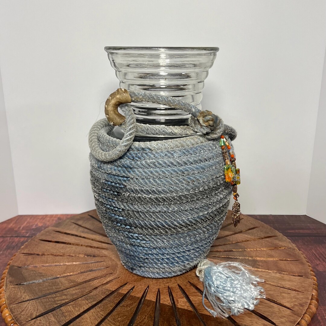 Lariat Rope Wrapped Glass Vase, Lariat Vase, Blue Vase, Spring Vase ...