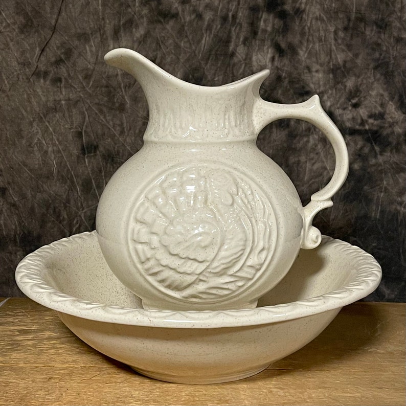 Vintage Mccoy Ivory Pitcher and Bowl Set With Turkey 7516 USA - Etsy