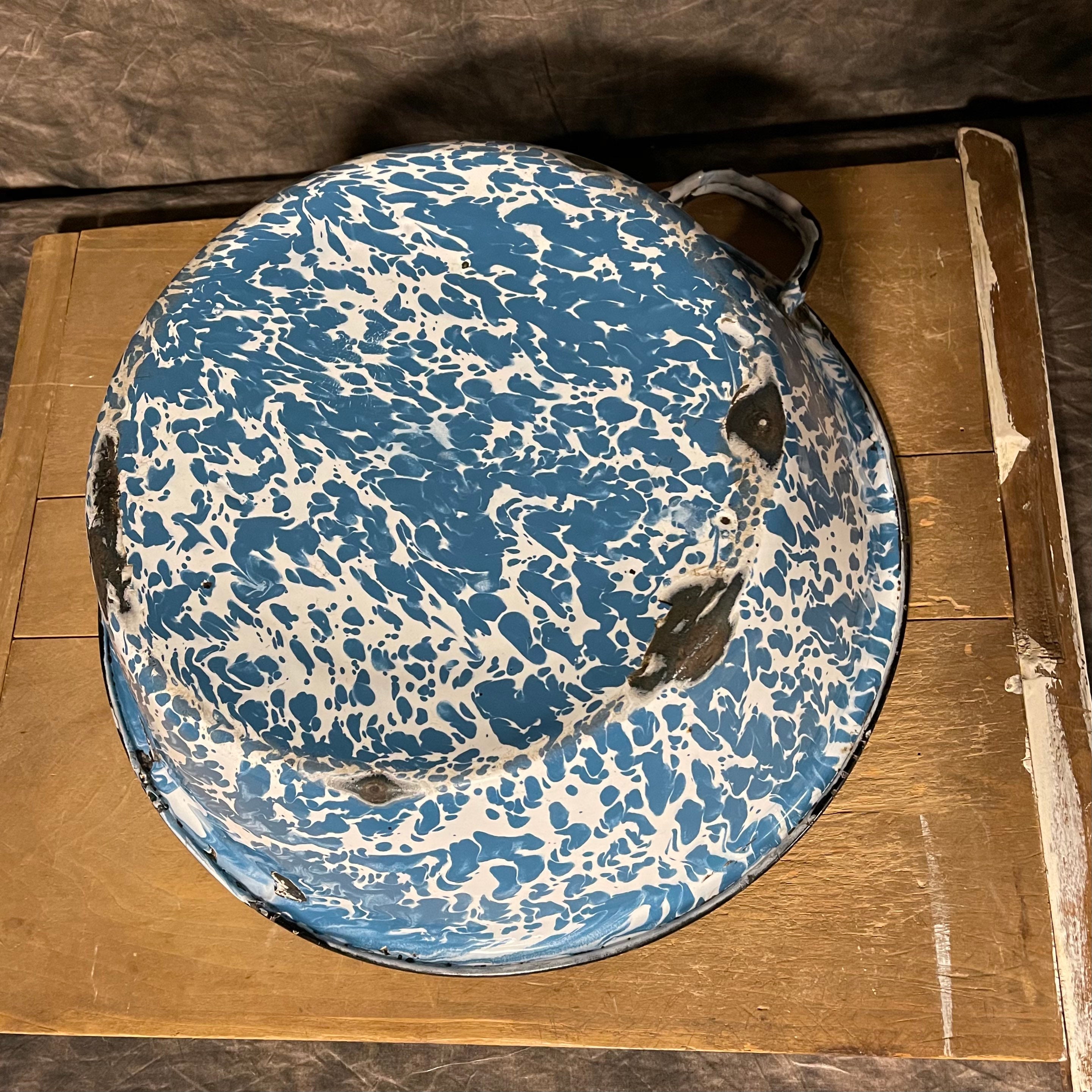 Vintage Enamelware Large Round Dish Pan Blue and White Marble | Etsy