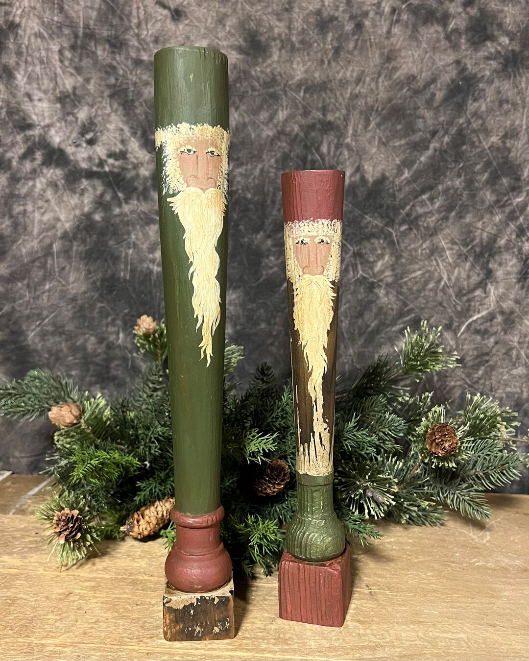 Primitive Spindle Santa Christmas Decor, Set of 2 Wooden Spindle Hand ...