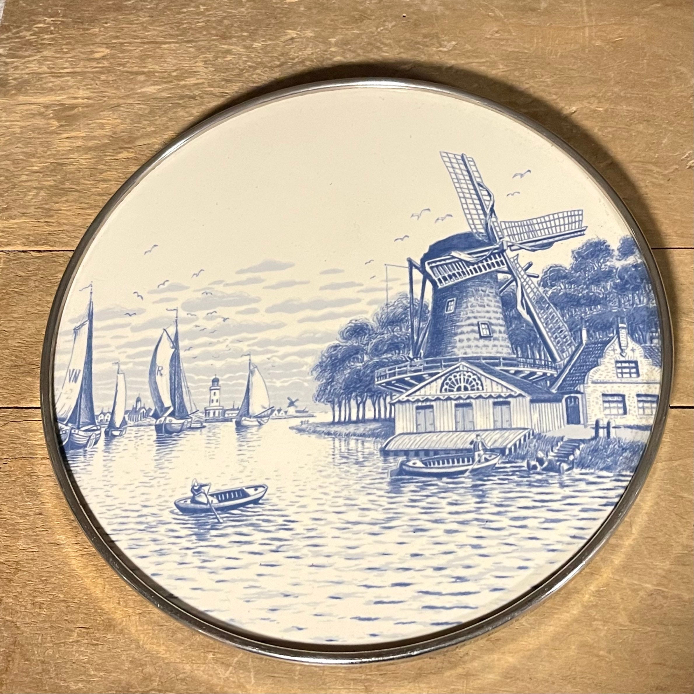 Vintage Blue Delft Round Tray, Footed Blue Delft Tray With Silver Trim ...
