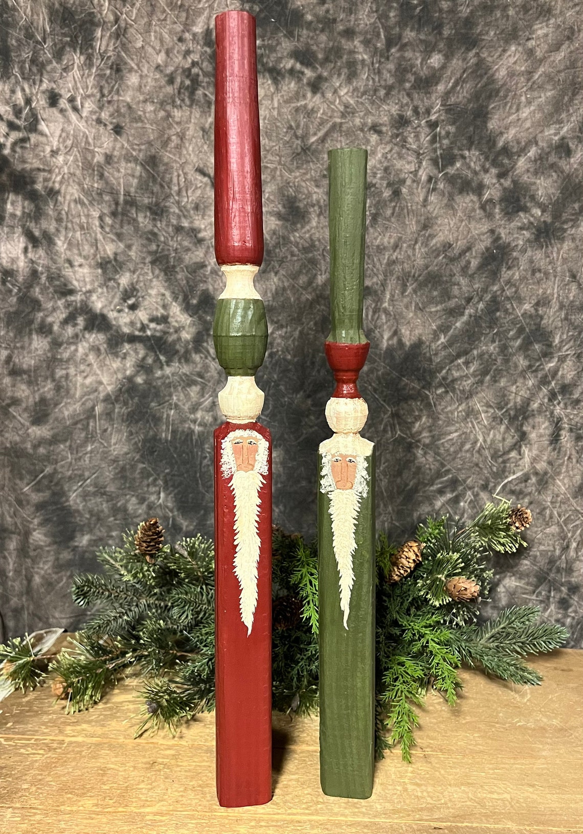Primitive Spindle Santa Christmas Decor, Set of 2 Wooden Spindle Hand ...