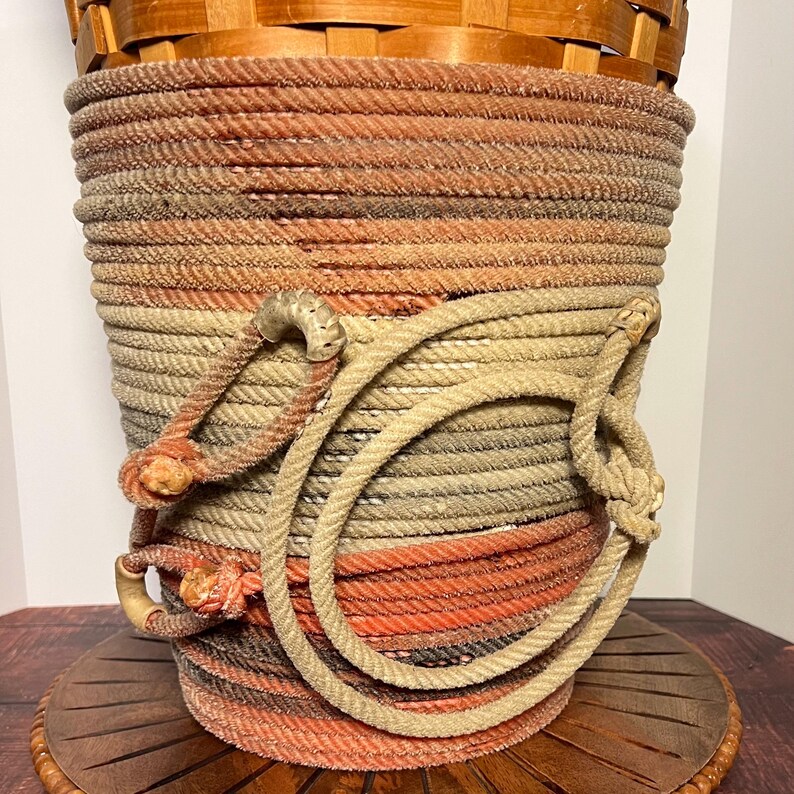 Large Vintage Woven Wood Basket With Lid, Lariat Rope Wrapped Basket ...