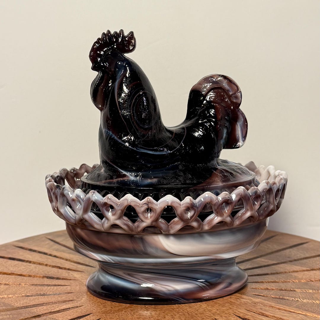 Rare Vintage MCM Imperial Purple Black Slag Rooster on Nest, Purple ...