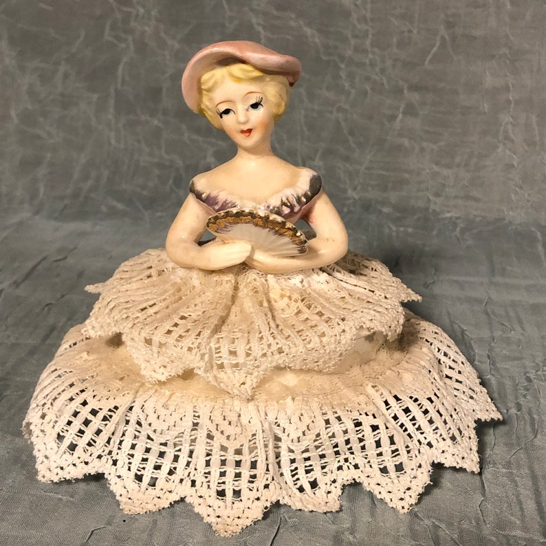 Vintage Porcelain Lady Powder Jar With Fan and Crocheted Skirt - Etsy