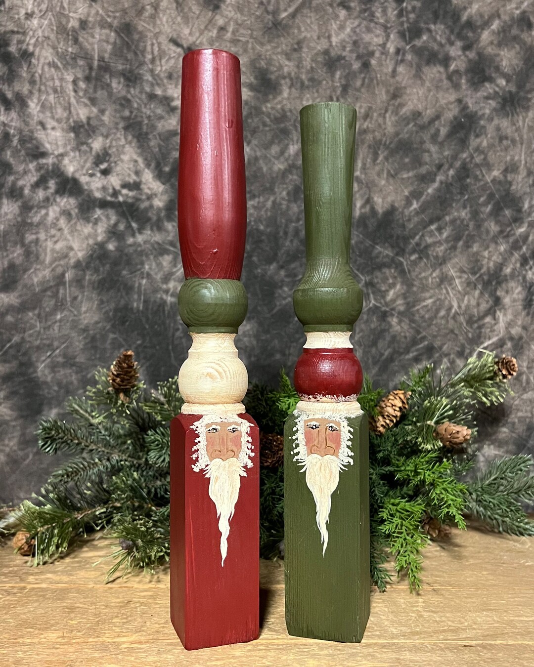 Primitive Spindle Santa Christmas Decor, Set of 2 Wooden Spindle Hand ...