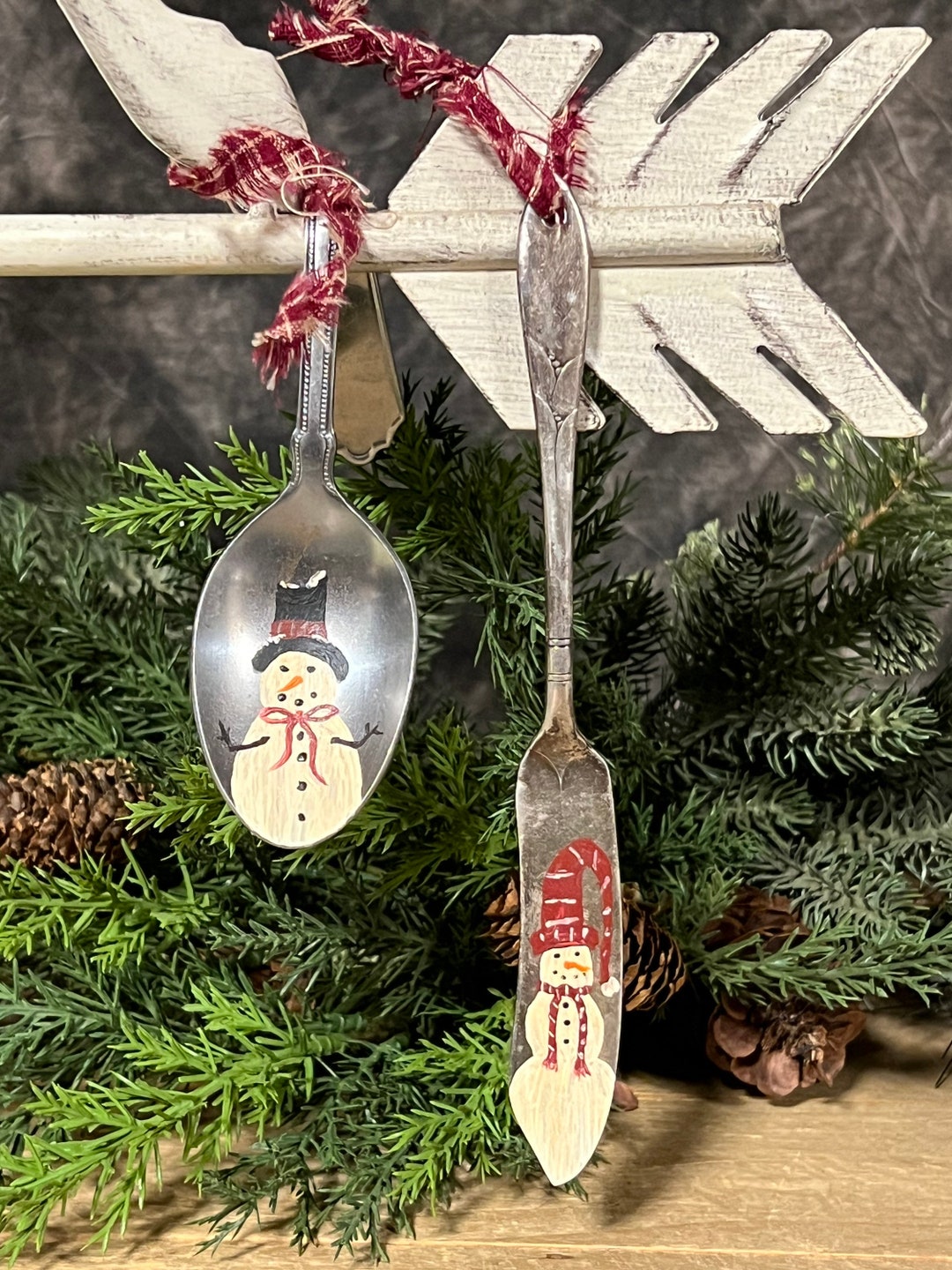 Hand Painted Snowman Christmas Spoon and Knife Ornaments, Unique ...
