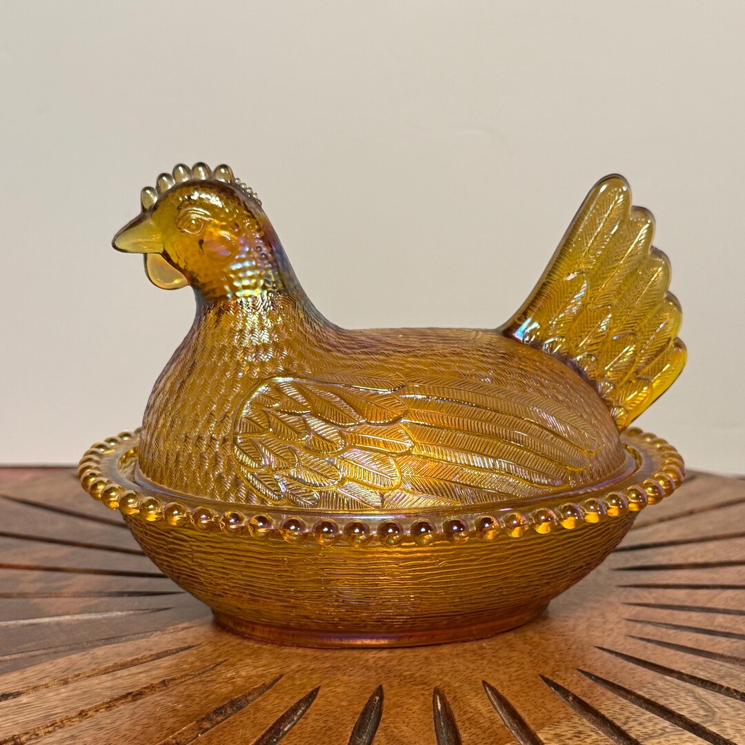 Vintage Indiana Glass Amber Gold Iridescent Hen on Nest, Carnival Glass ...