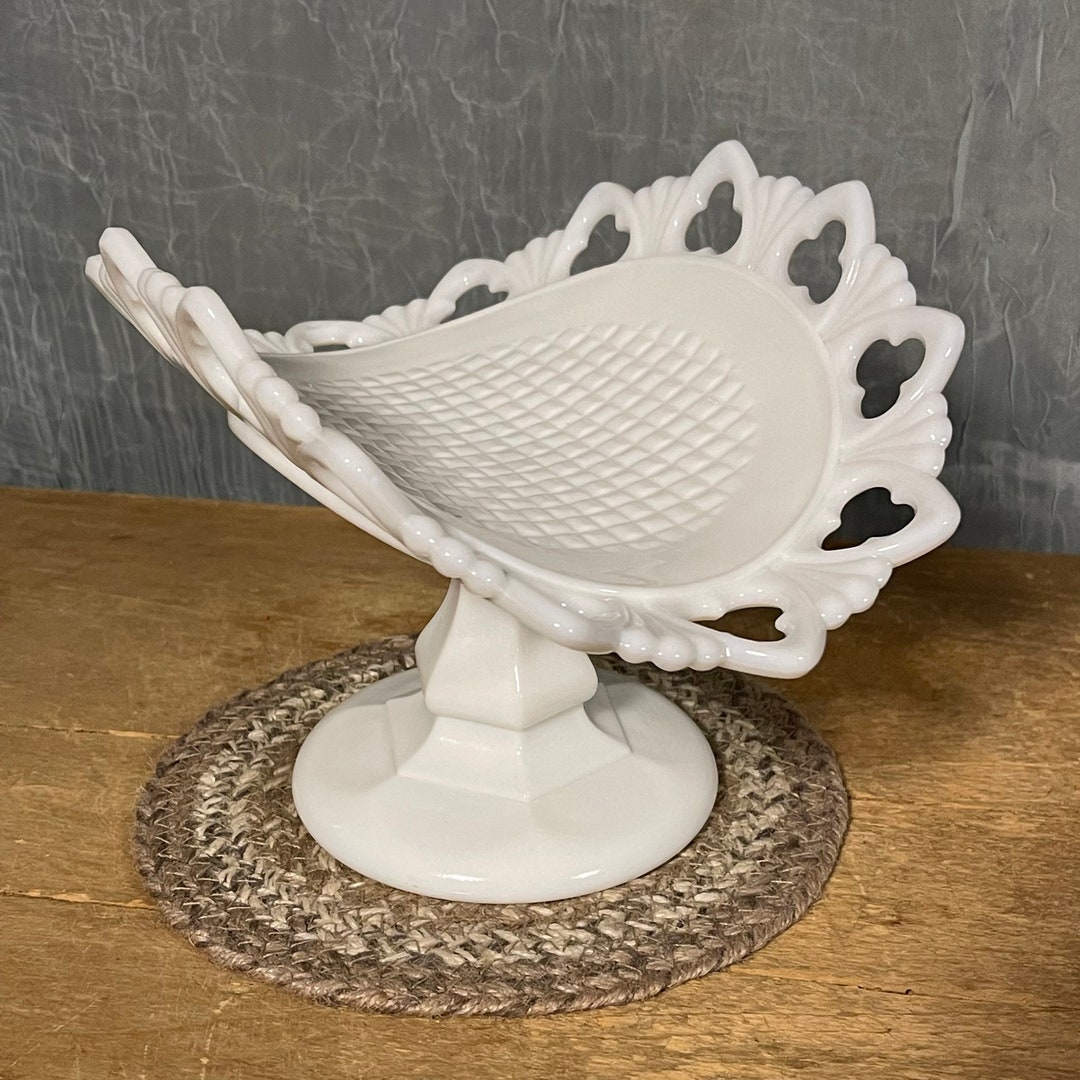 Vintage Milk Glass Banana Fruit Compote, Rare Lattice Edged Pedestal ...